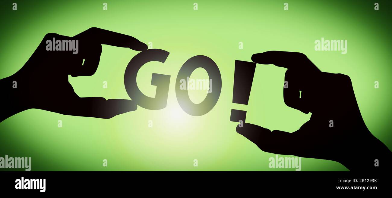 Go - human hands holding black silhouette word, gradient background ...