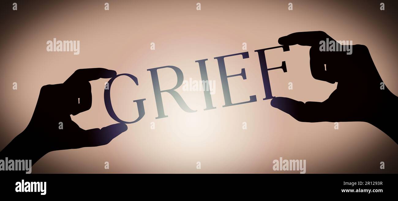 Grief - human hands holding black silhouette word, gradient background ...
