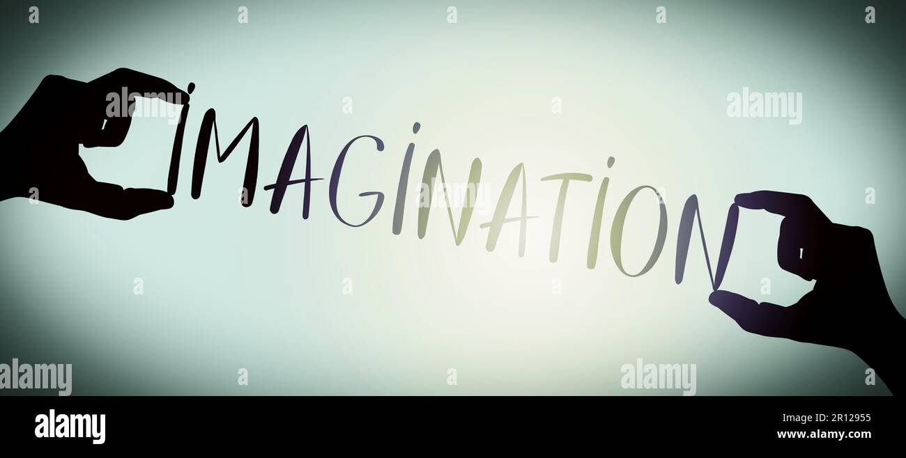 Imagination - human hands holding black silhouette word, gradient ...