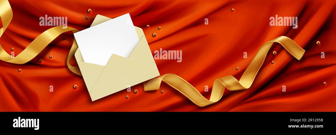 Mail with card or letter on luxury background with gold ribbon and red ...