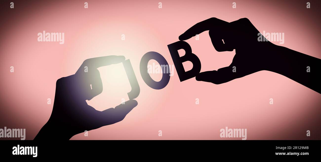 Job - human hands holding black silhouette word, gradient background ...