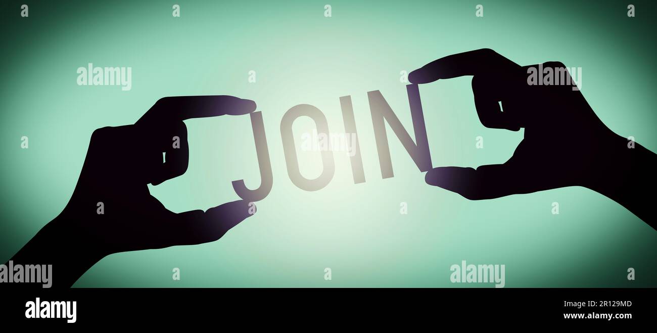 Join - human hands holding black silhouette word, gradient background ...
