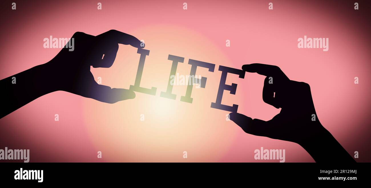 Life - human hands holding black silhouette word, gradient background ...