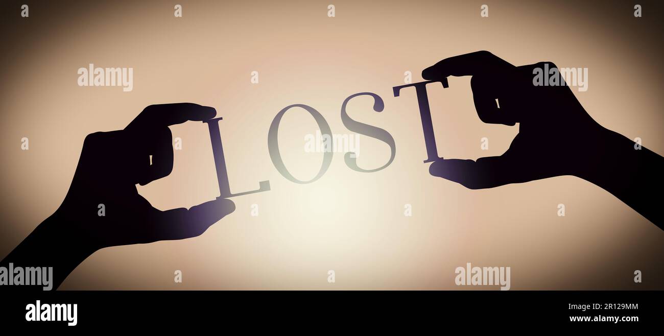 Lost - human hands holding black silhouette word, gradient background ...