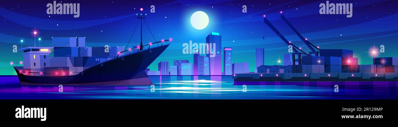 Night port with cargo container and ship vector illustration. Seaport ...