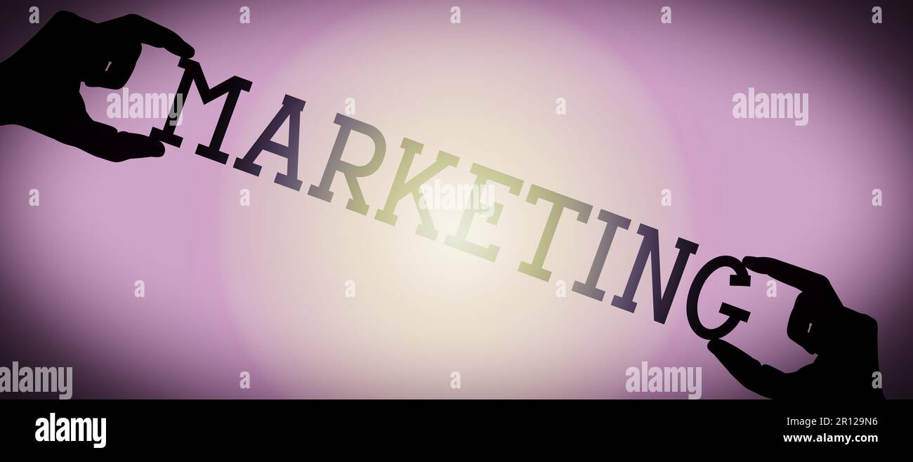 Marketing - human hands holding black silhouette word, gradient ...