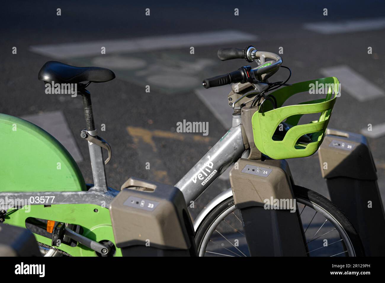 Paris, France. 10th May, 2023. Illustration picture shows green Velib ...