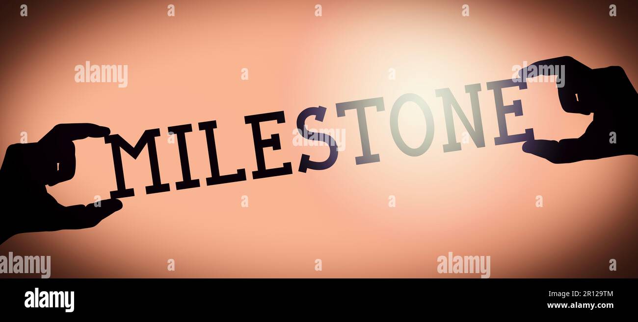 Milestone - human hands holding black silhouette word, gradient ...