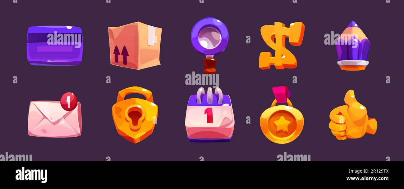 Delivery vector game ui element set. Isolated cartoon glossy credit ...