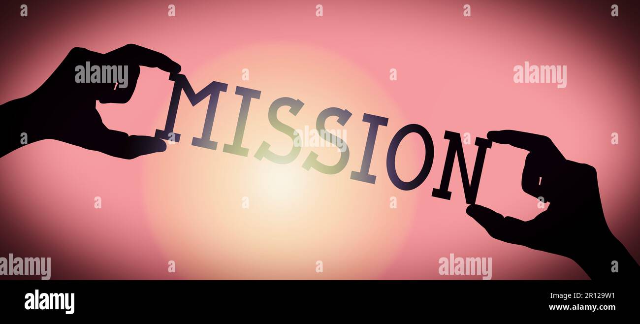 Mission - human hands holding black silhouette word, gradient background Stock Photo - Alamy