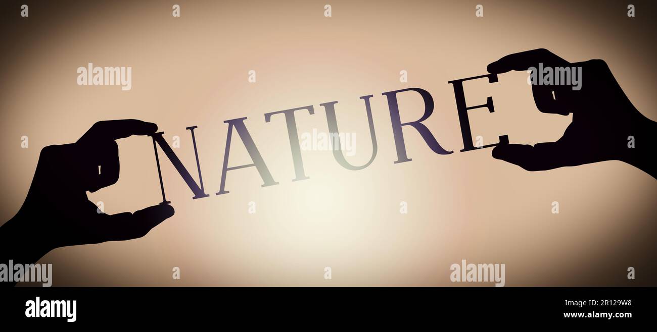 Nature - human hands holding black silhouette word, gradient background ...