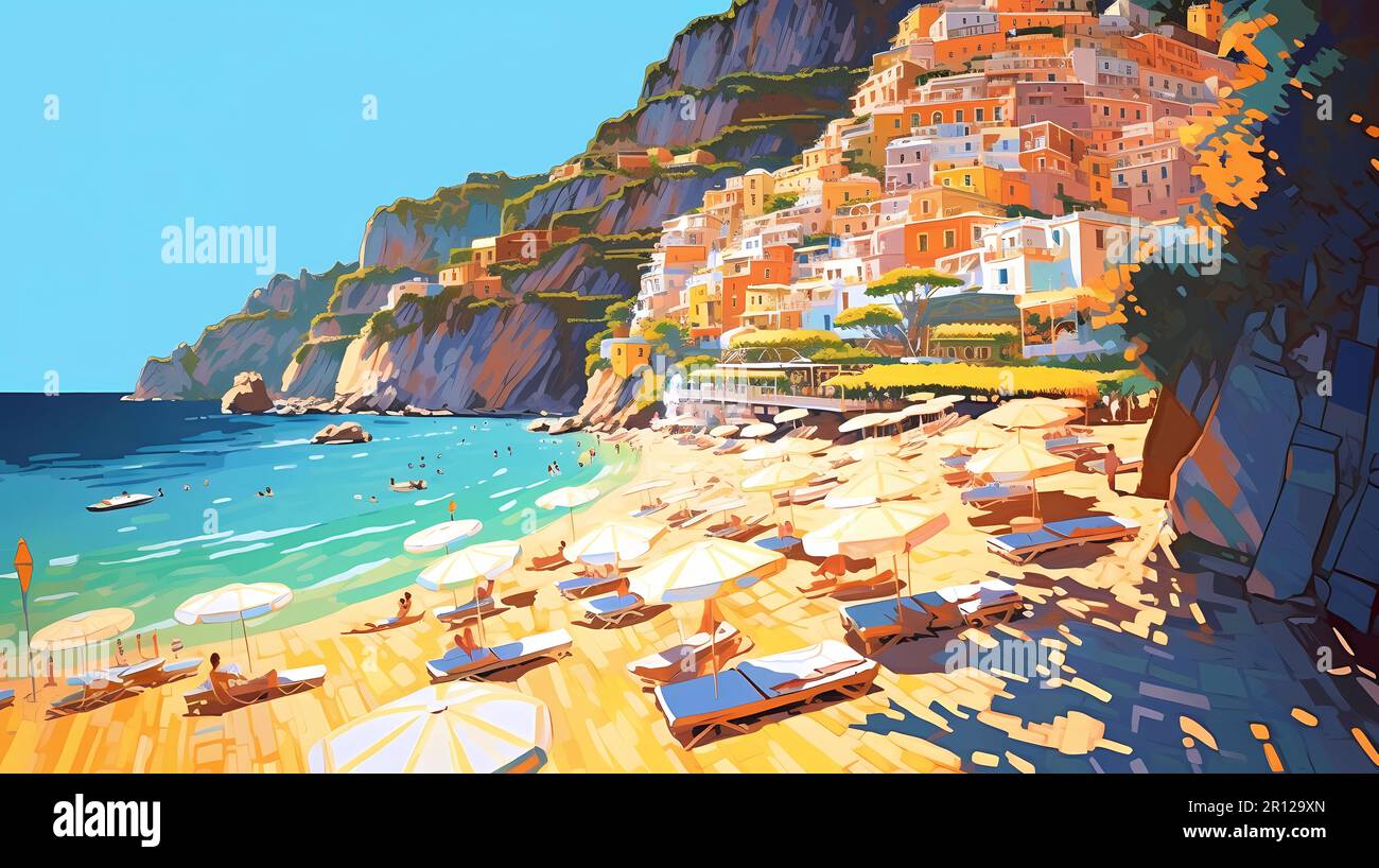 Illustration of beautiful view of Positano, Italy Stock Photo - Alamy