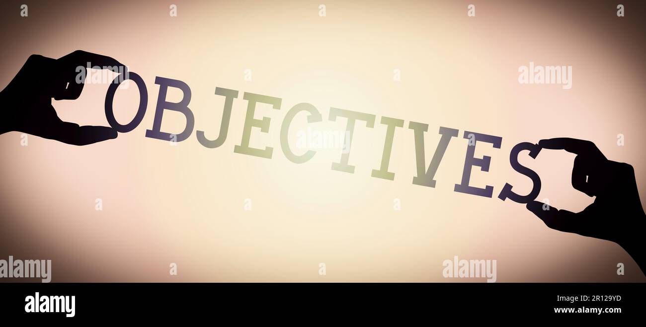 Objectives - human hands holding black silhouette word, gradient ...