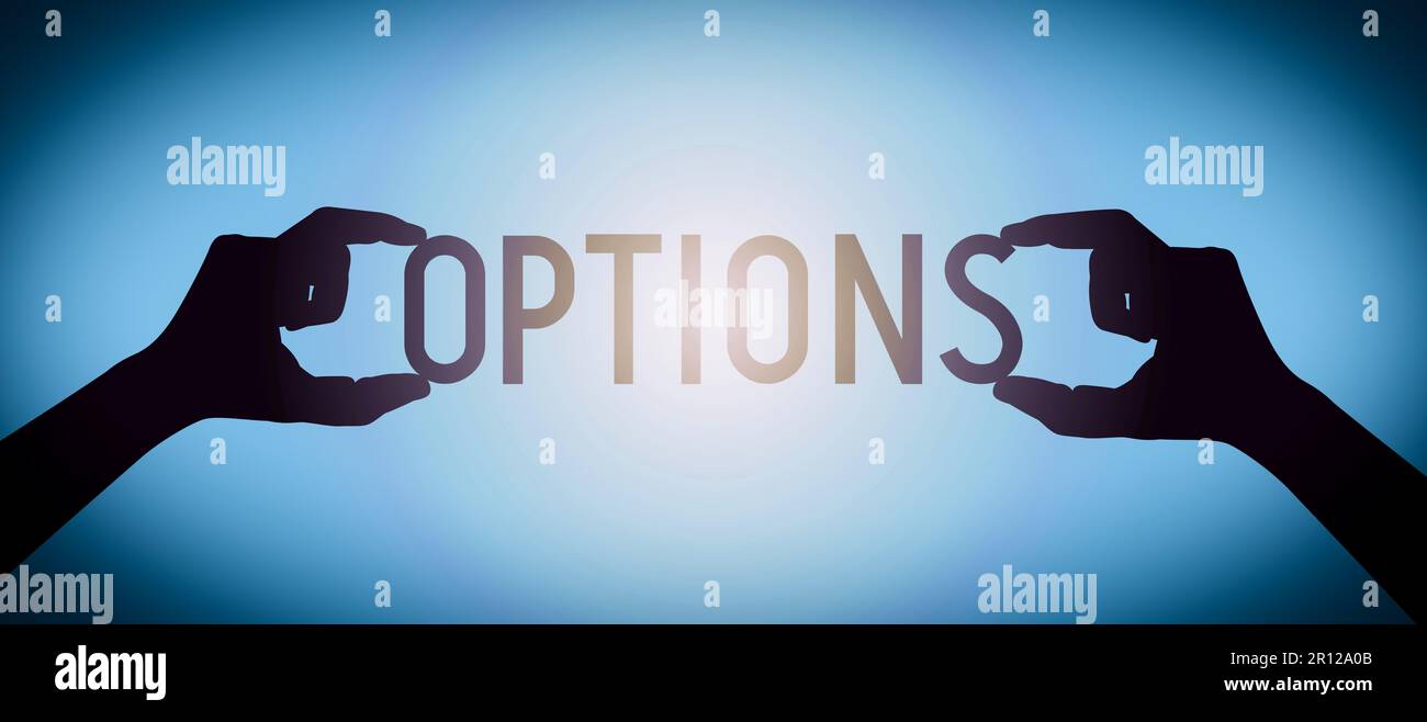 Options - human hands holding black silhouette word, gradient ...