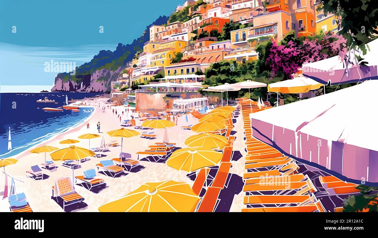 Illustration of beautiful view of Positano, Italy Stock Photo - Alamy