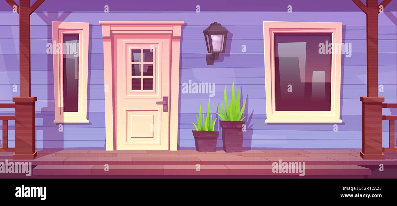 House porch with front door, wall, windows, columns, fence and stair ...