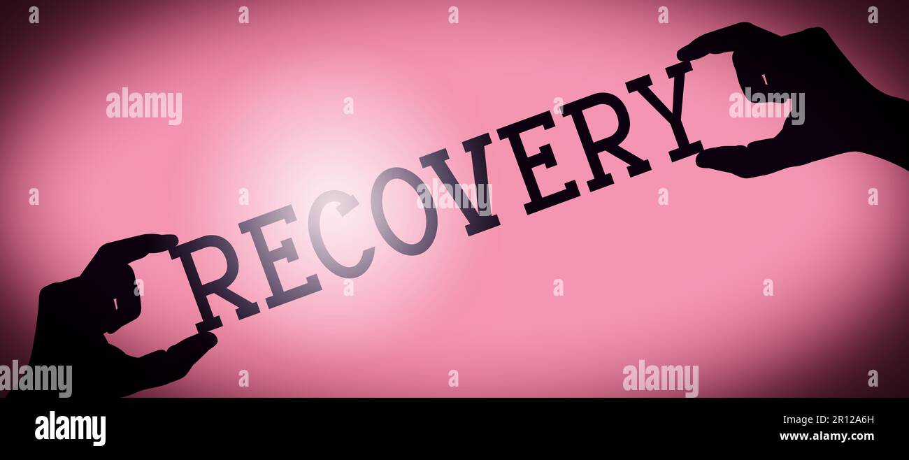 Recovery - human hands holding black silhouette word, gradient ...