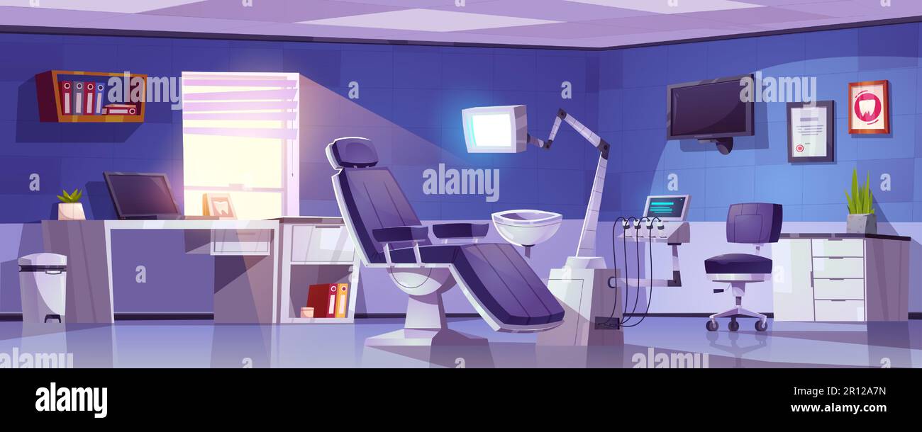 Cartoon stomatology room with equipment and furniture. Vector ...