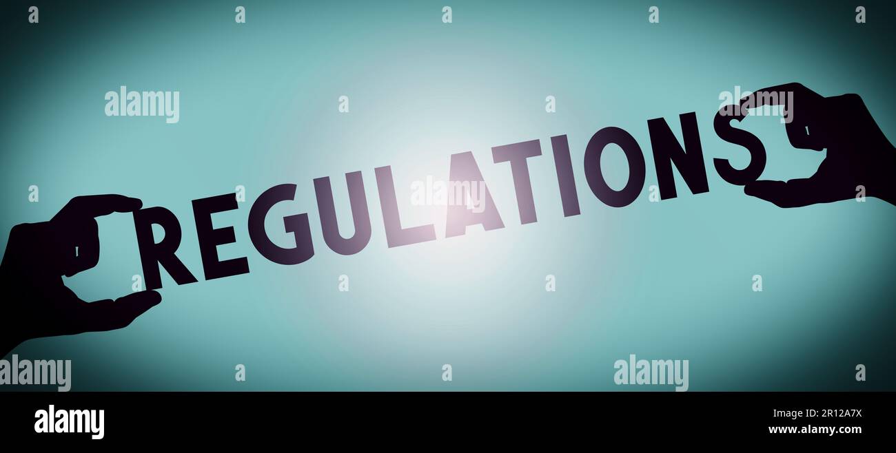 Regulations - human hands holding black silhouette word, gradient ...