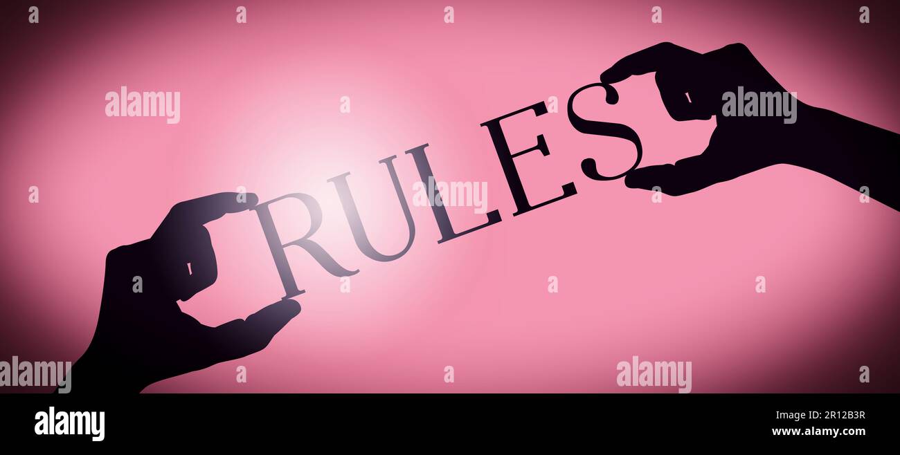 Rules - human hands holding black silhouette word, gradient background ...