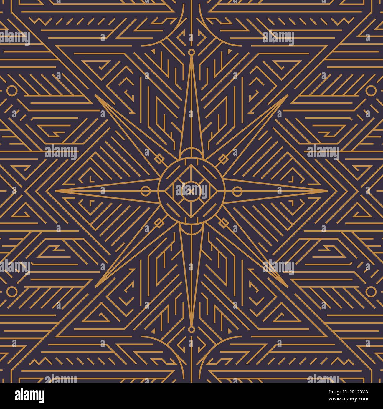 Vector art deco gold black seamless pattern. Geometric line vintage motif with sun, star, rays ...