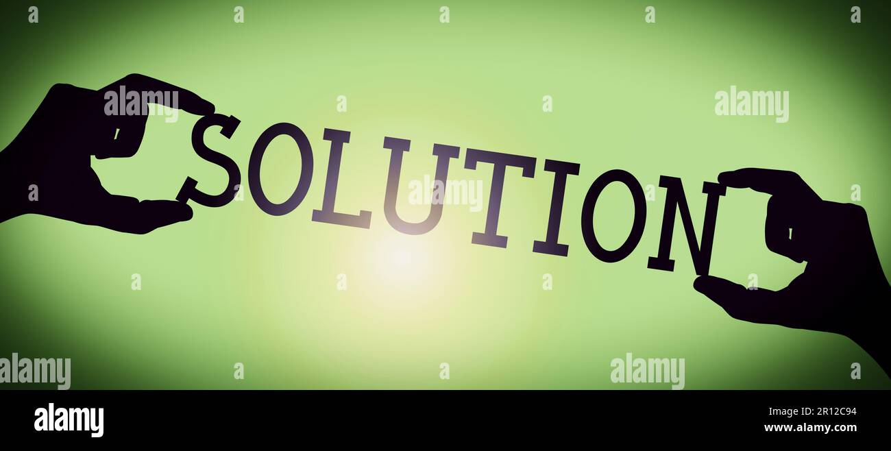 Solution - human hands holding black silhouette word, gradient ...