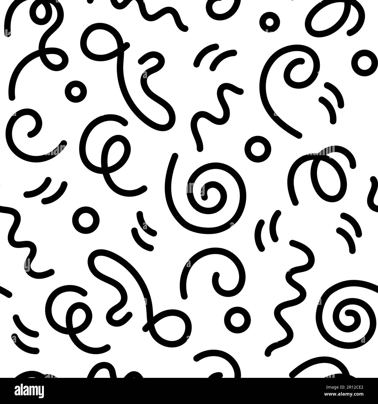 Doodle 90s style seamless pattern on white background with kid squiggles, swirls and zigzag ...