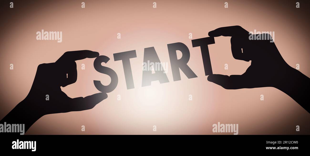 Start - human hands holding black silhouette word, gradient background ...