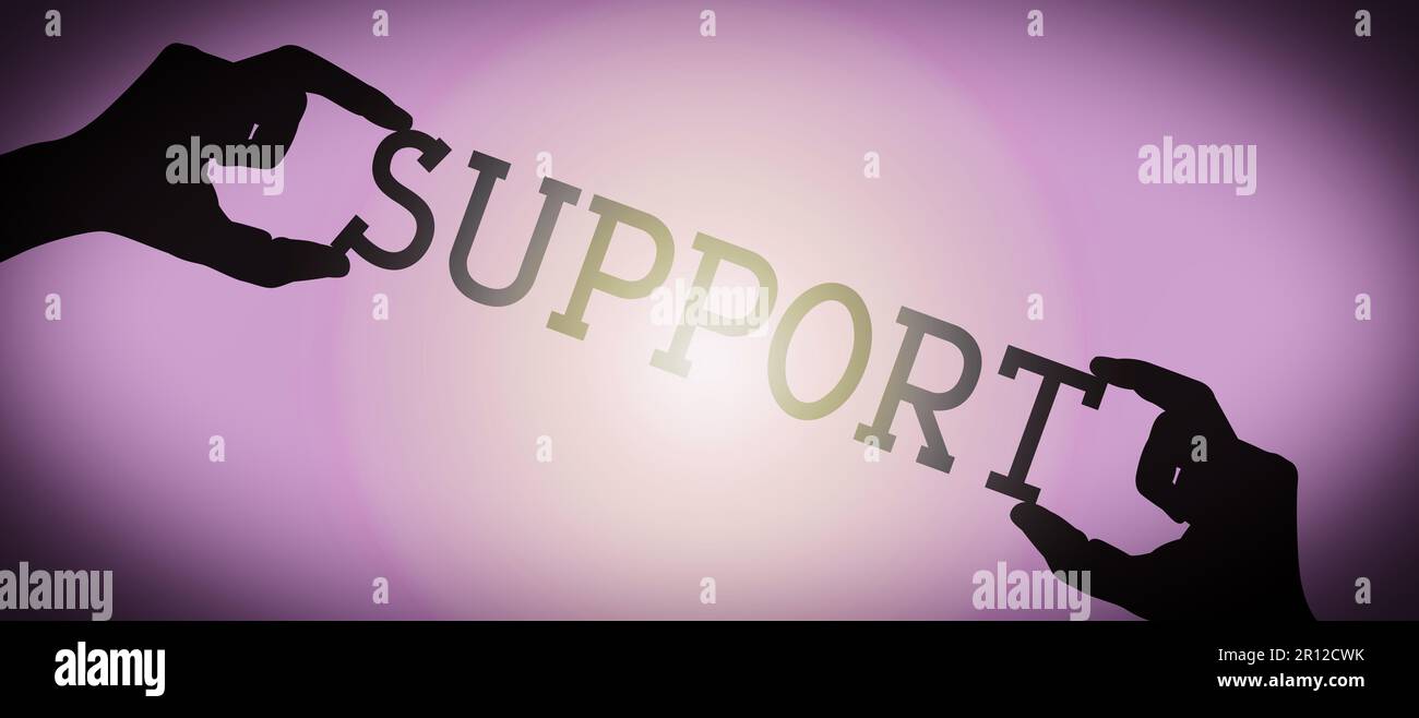 Support - human hands holding black silhouette word, gradient ...