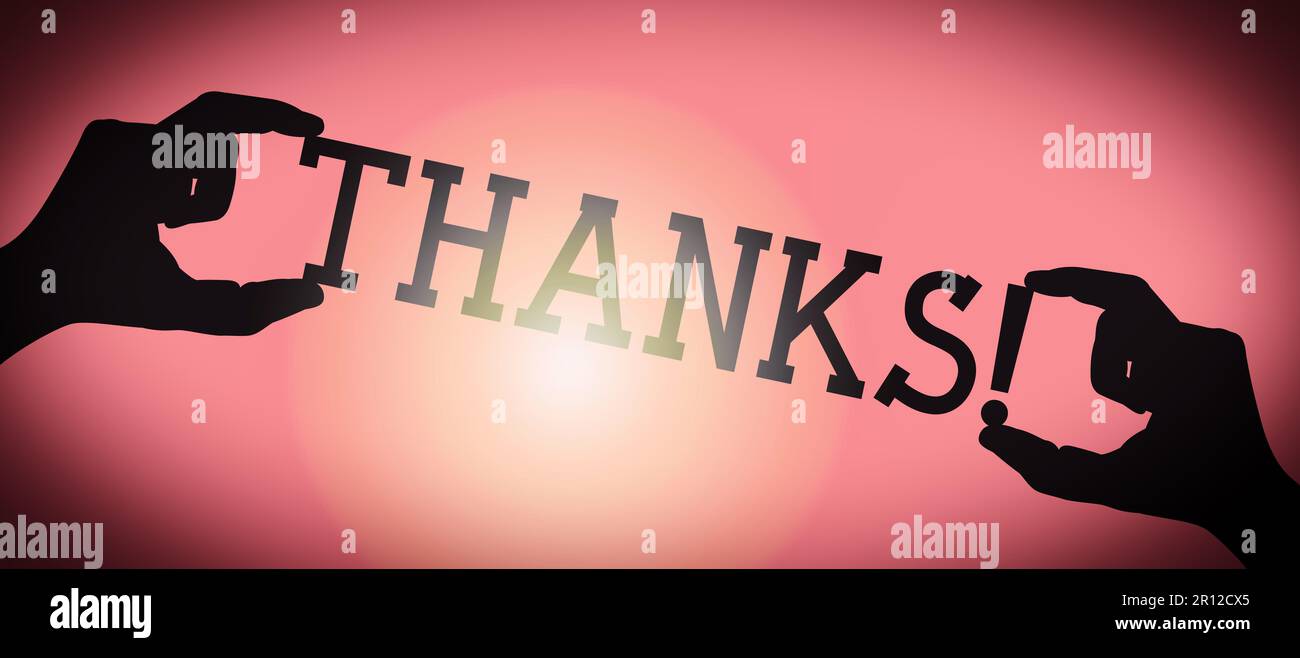 Thanks - human hands holding black silhouette word, gradient background ...