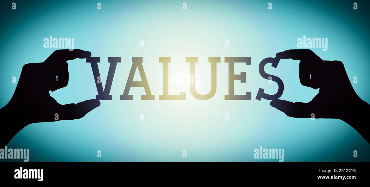 Values - human hands holding black silhouette word, gradient background ...