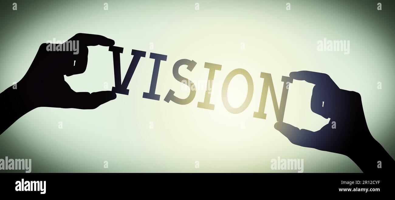 Vision - human hands holding black silhouette word, gradient background ...