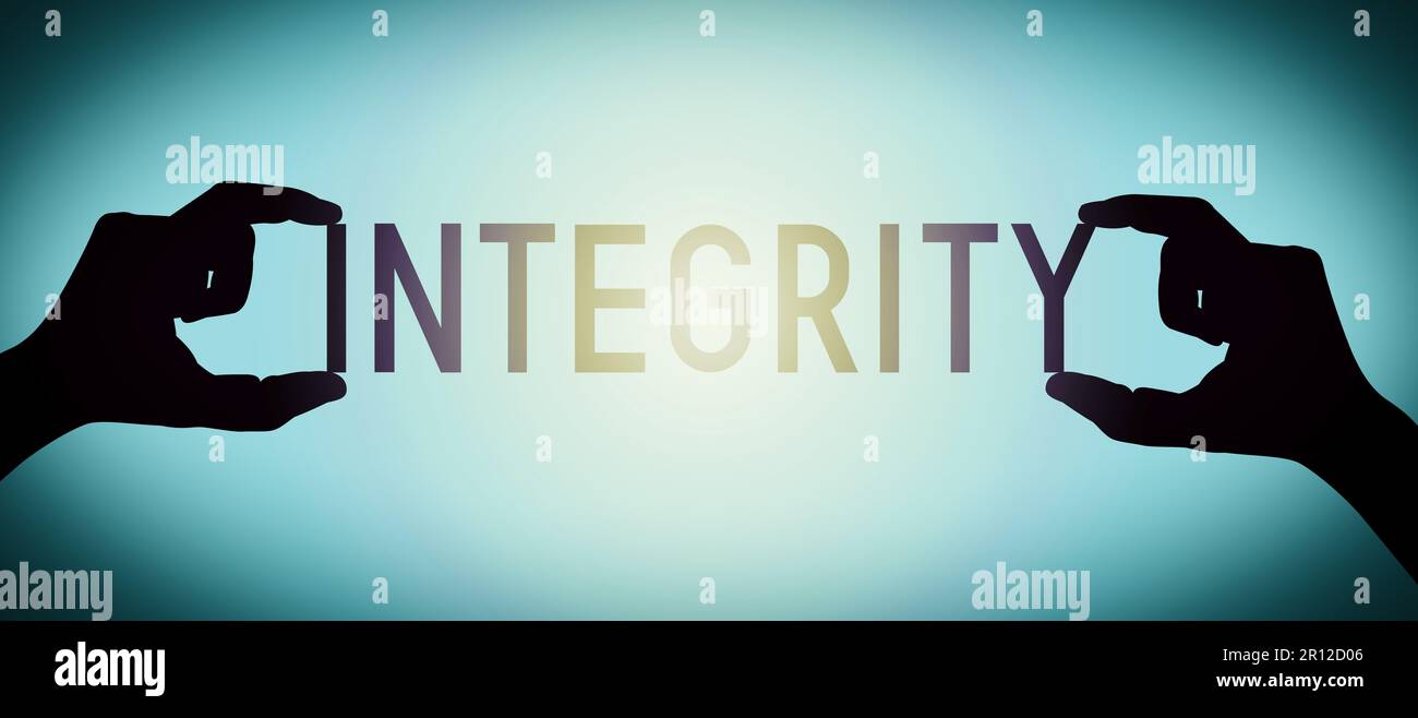 Integrity - human hands holding black silhouette word, gradient ...