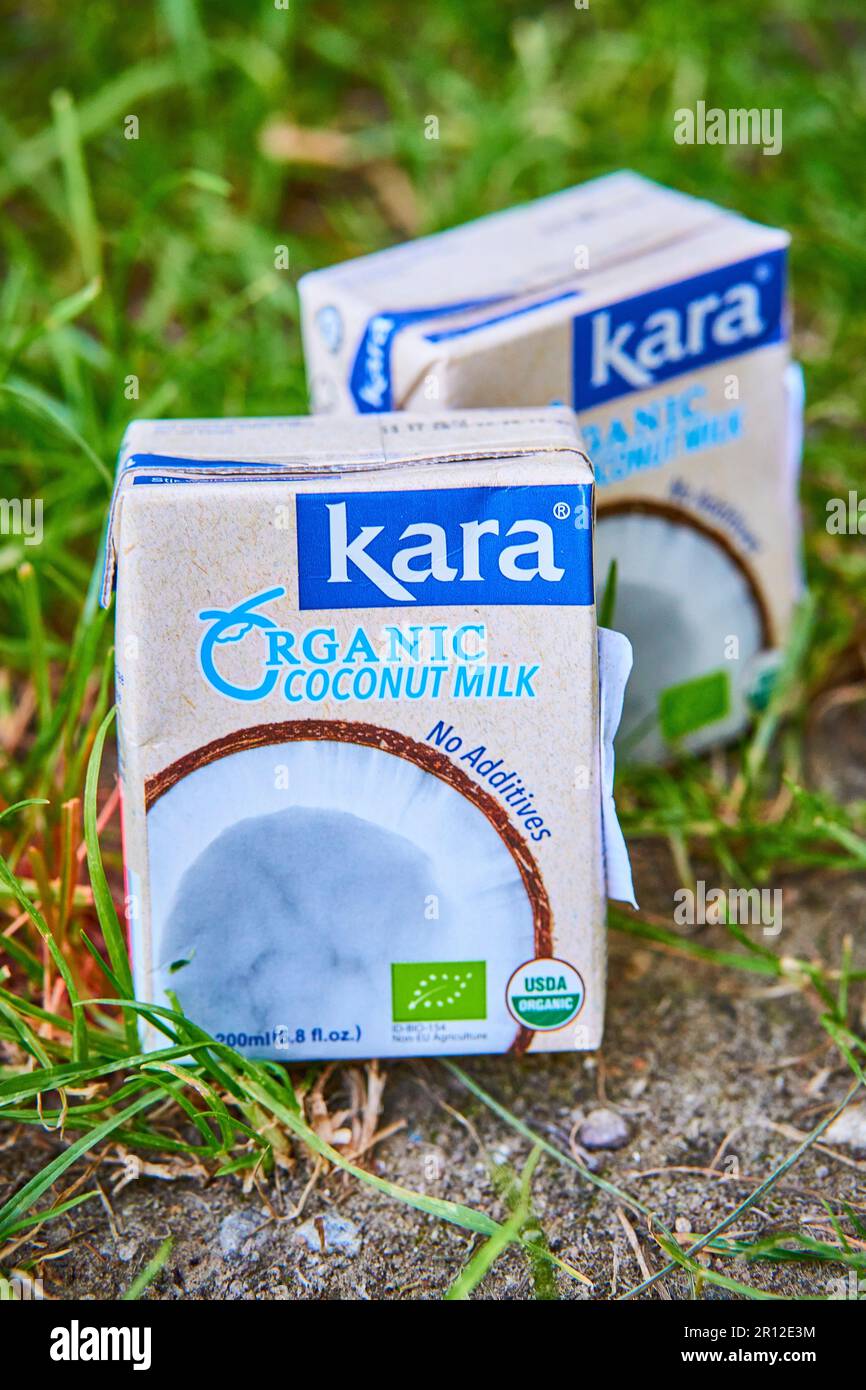 Two containers of Kara coconut milk sitting in a grassy field Stock ...