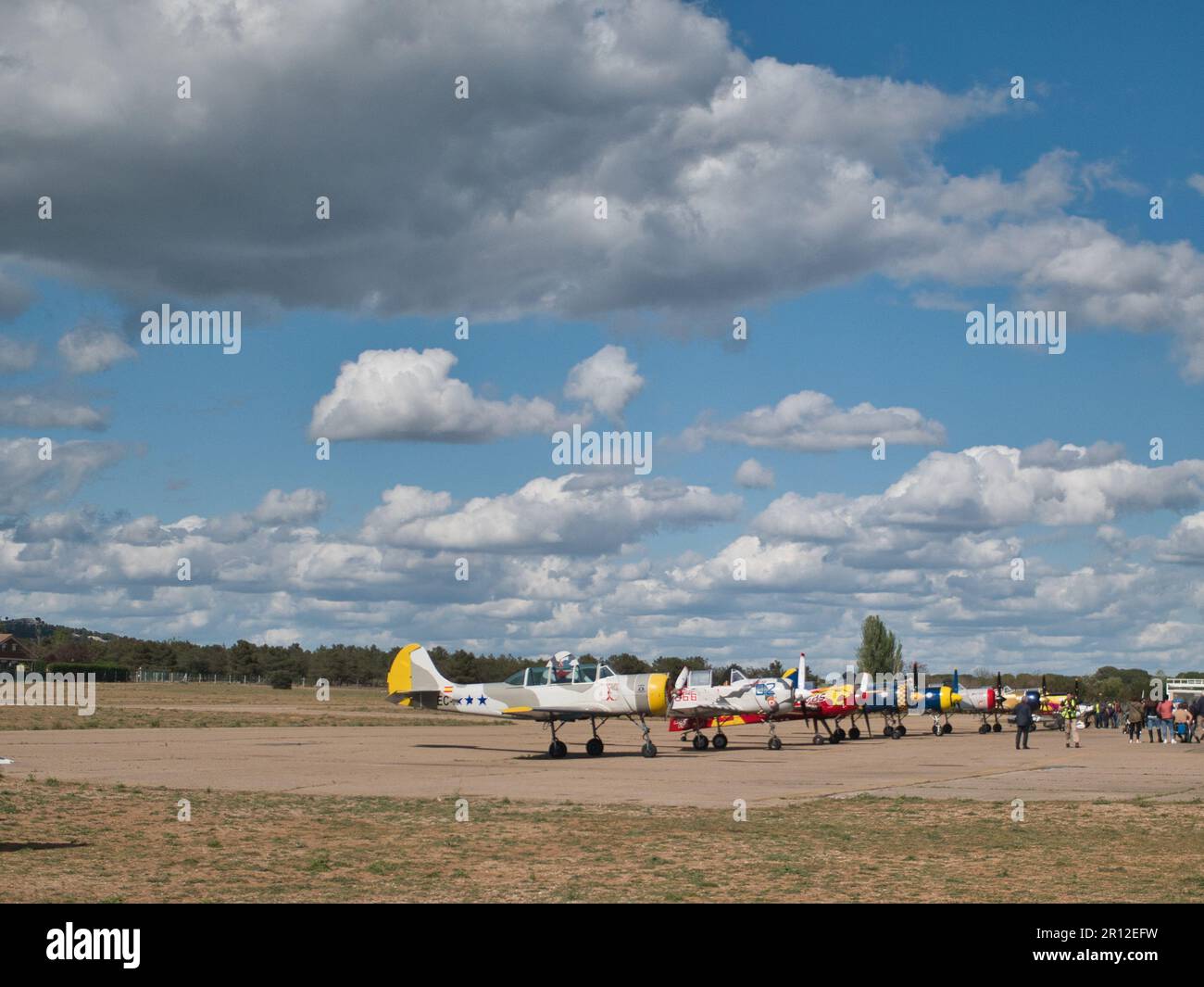 A fleet of vintage YAK 52 military aircrafts lined up in a row ...