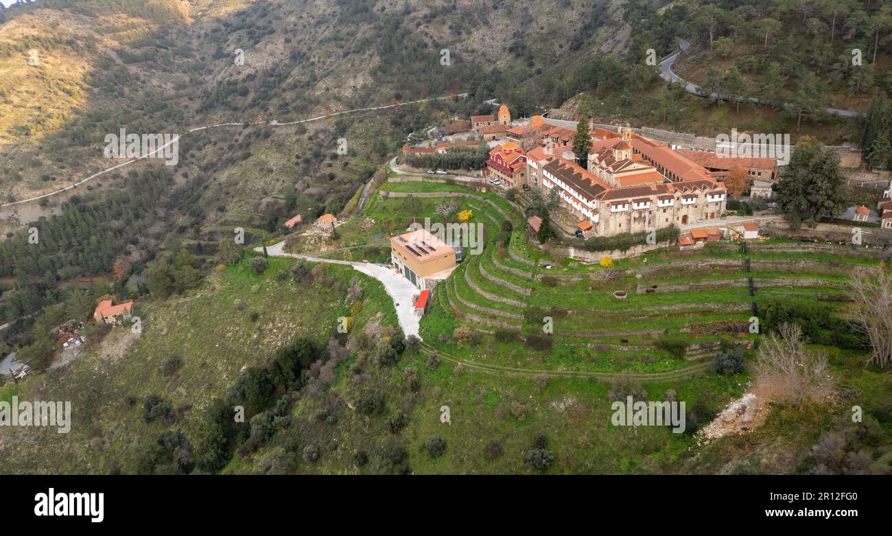 Drone aerial of Christian orthodox monastery of Machairas. Holy places ...