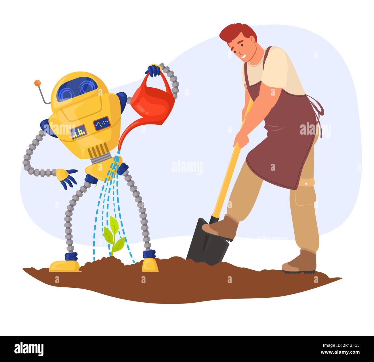AI Robot helping man farmer in planting process vector illustration ...