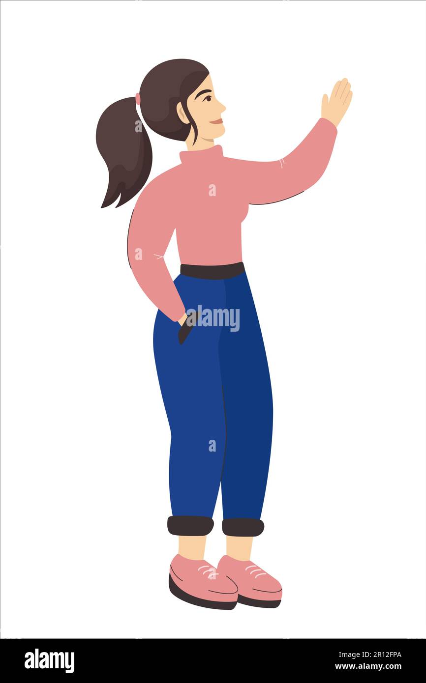 Vector illustration with a young happy girl standing, speaking ...