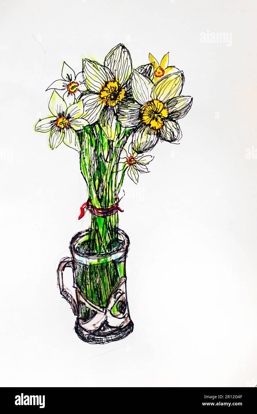 beautiful bouquet of daffodils in a glass cup with coaster watercolor ...