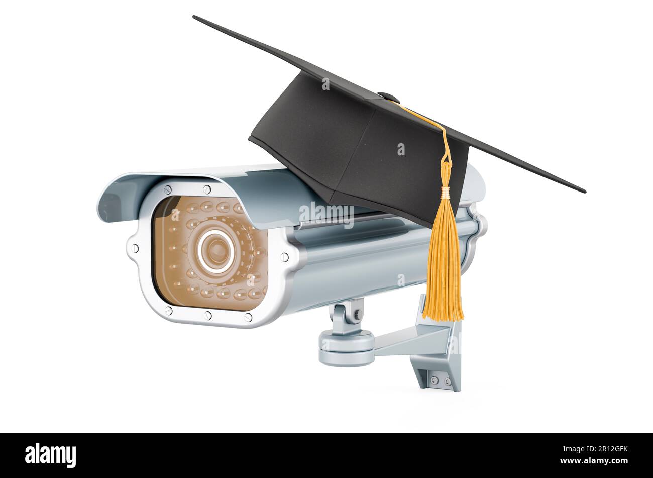 Security surveillance camera with graduation hat. 3D rendering isolated ...