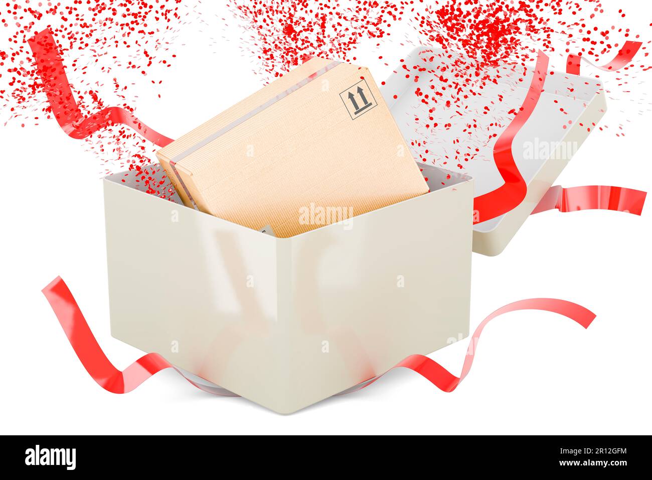 Parcel inside gift box, 3D rendering isolated on white background Stock ...