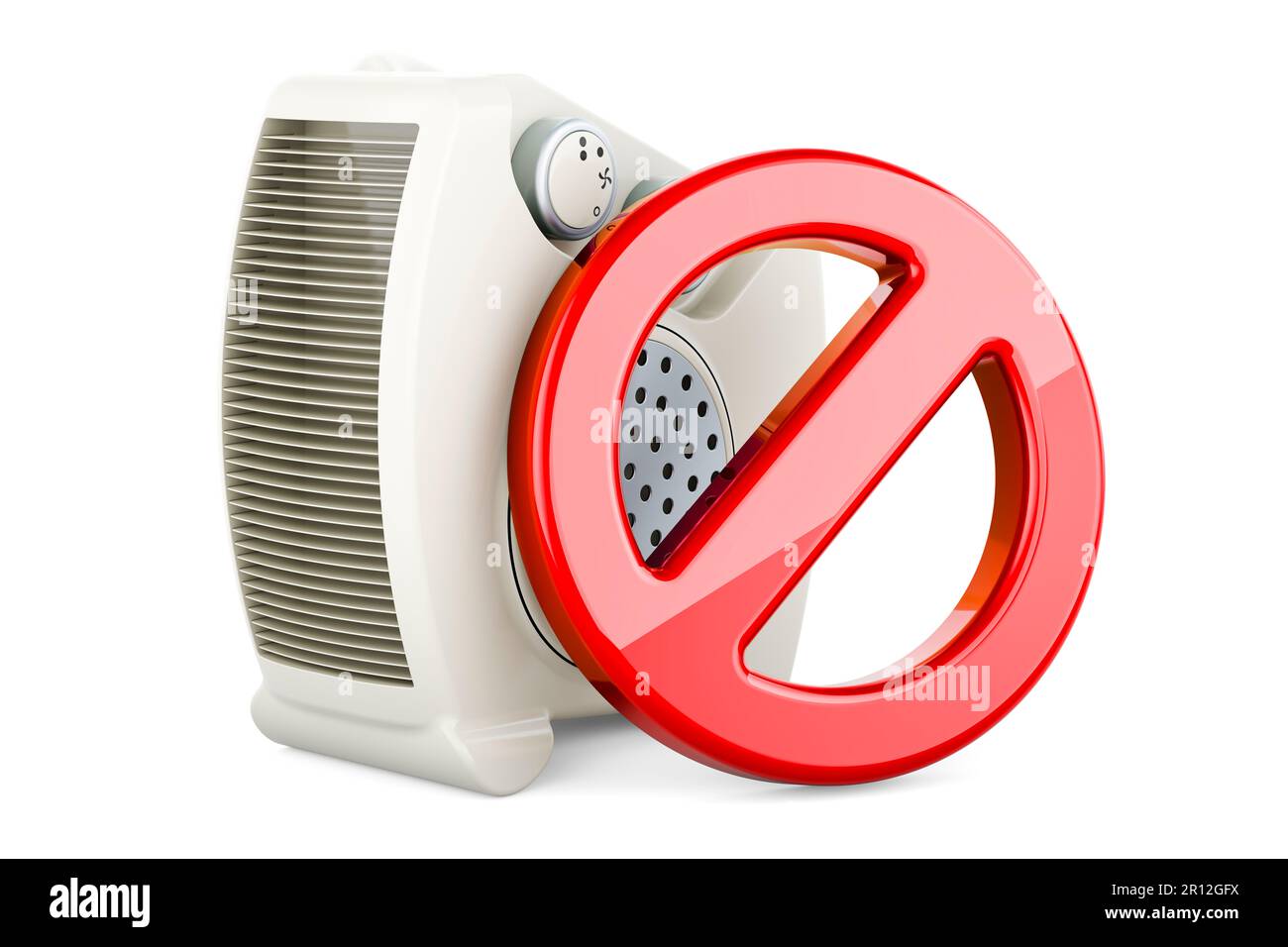 Fan heater with forbidden symbol. 3D rendering isolated on white ...