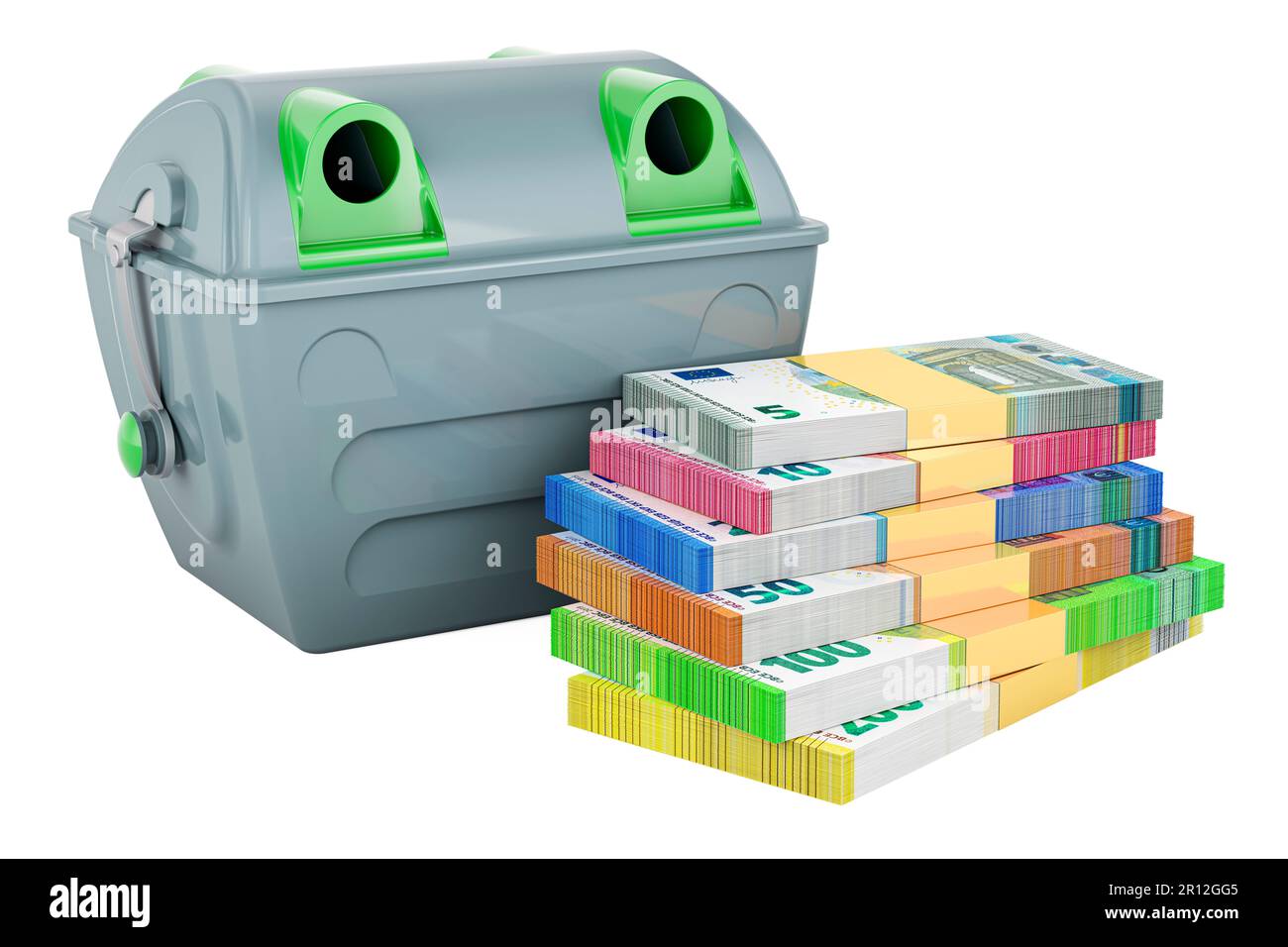 Gray garbage container with money, euro packs. 3D rendering isolated on ...