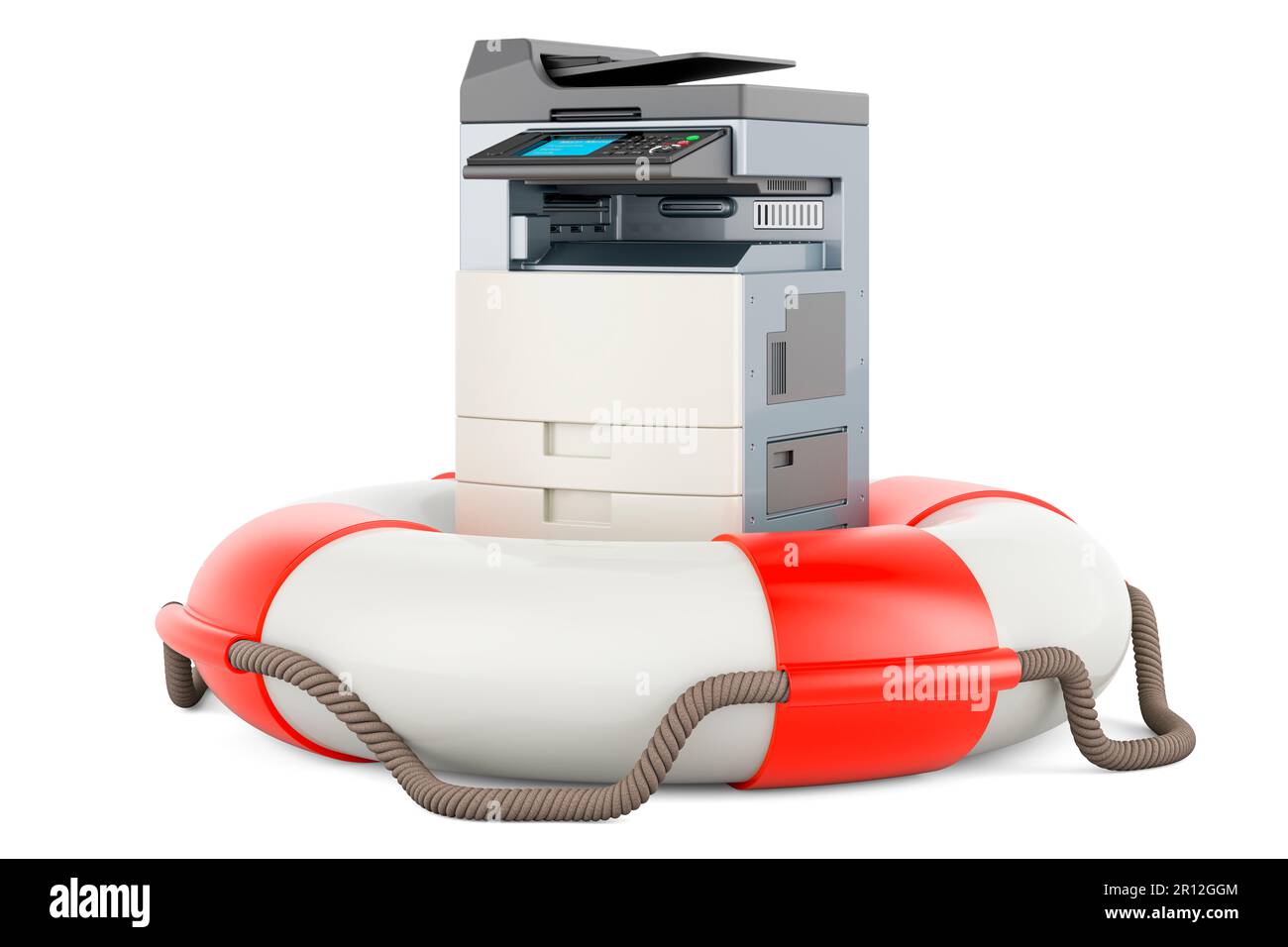 Office multifunction printer MFP inside lifebelt. 3D rendering isolated ...