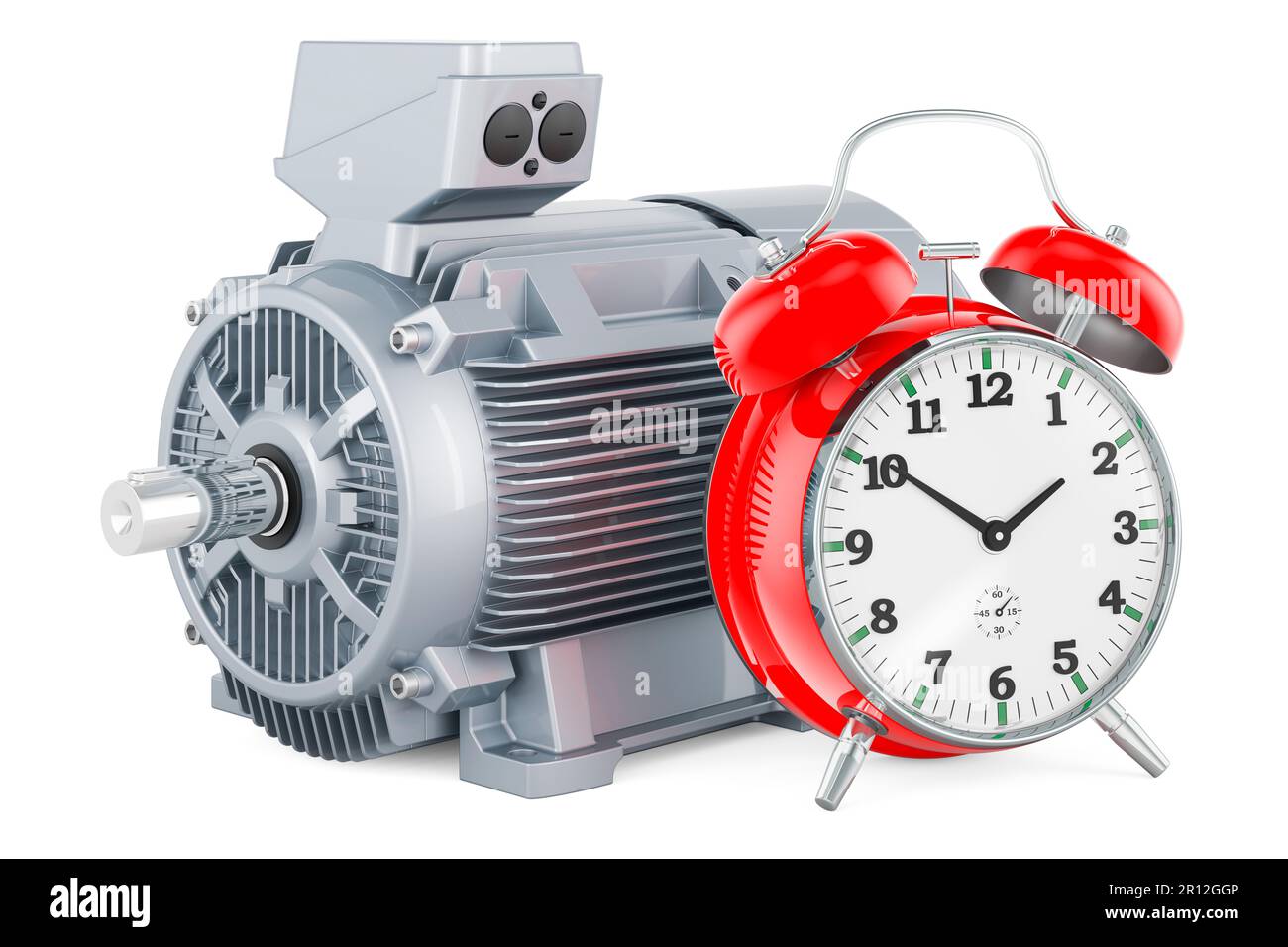 Industrial electric motor with alarm clock, 3D rendering isolated on ...
