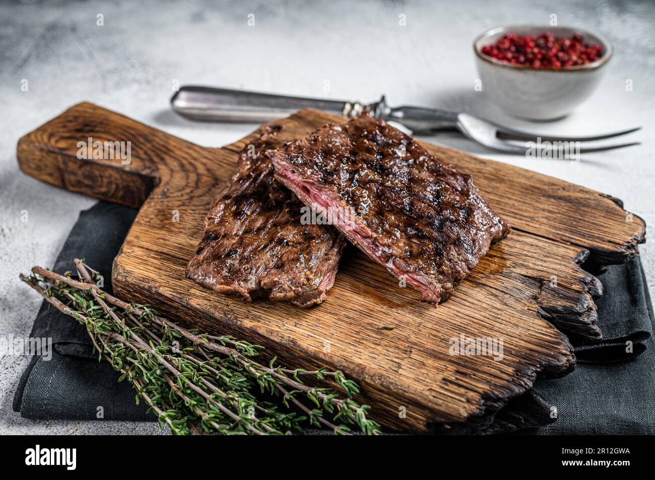 Prime Black Angus Grilled Skirt steak, beef meat. White background. Top ...
