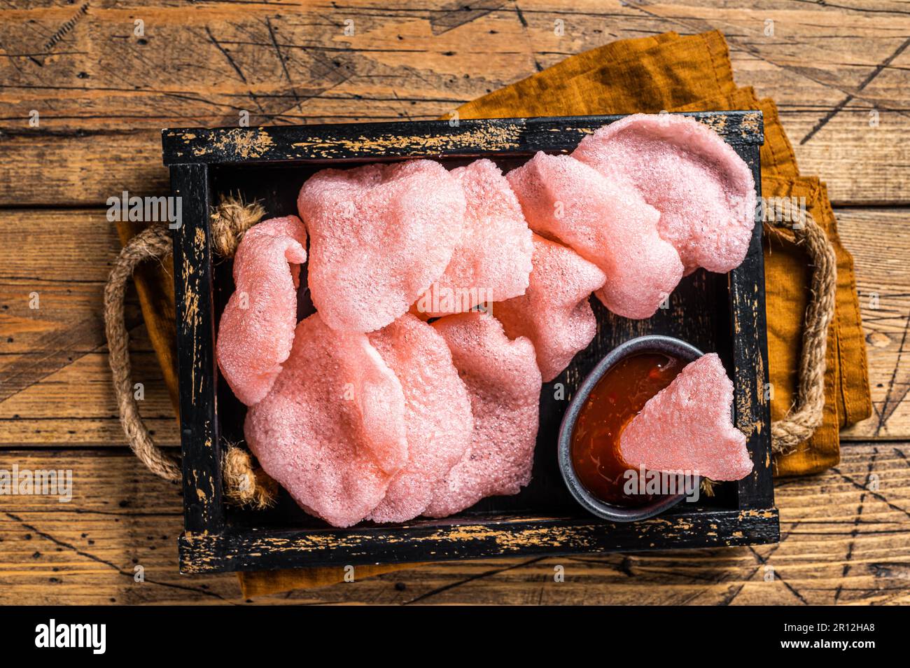 Vietnamese Crunchy kerupuk, prawn shrimp crackers, chips in a box with ...