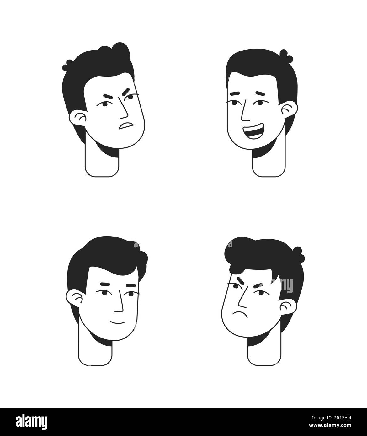 Men Expressing Emotions Monochrome Flat Linear Character Heads Set