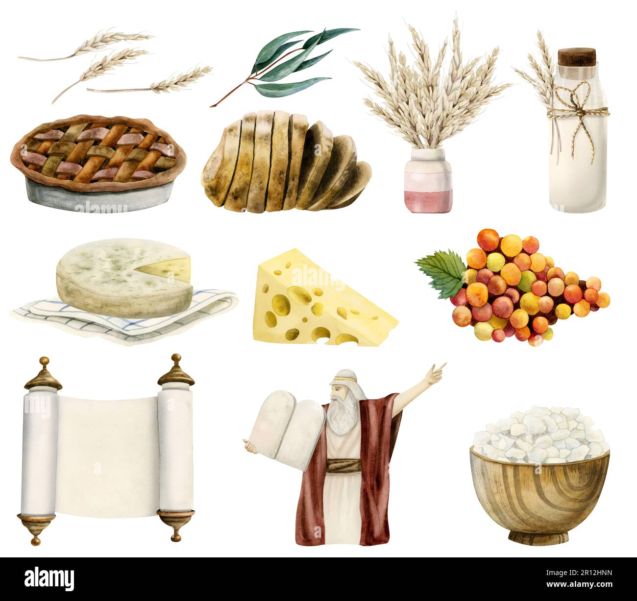 Shavuot symbols and traditional food illustration collection. Bread ...