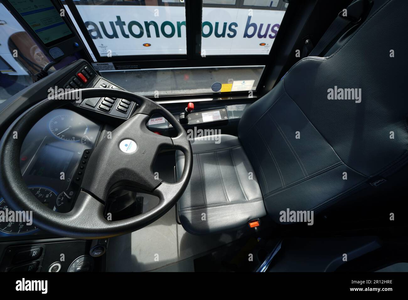The drivers seat on one of the new buses on show at the Traffic ...